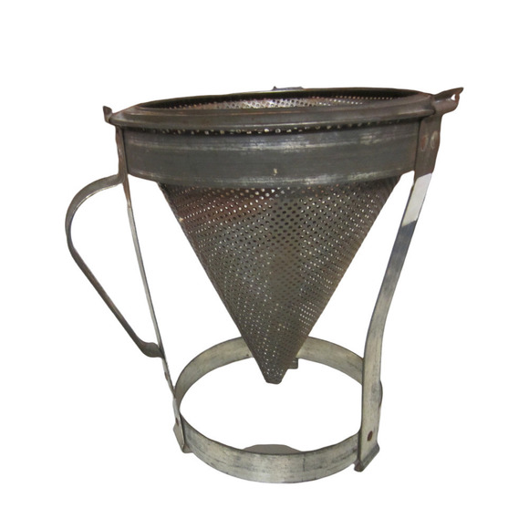 VINTAGE Metal Canning Cone Colander Sieve Strainer With Stand & Wood ...